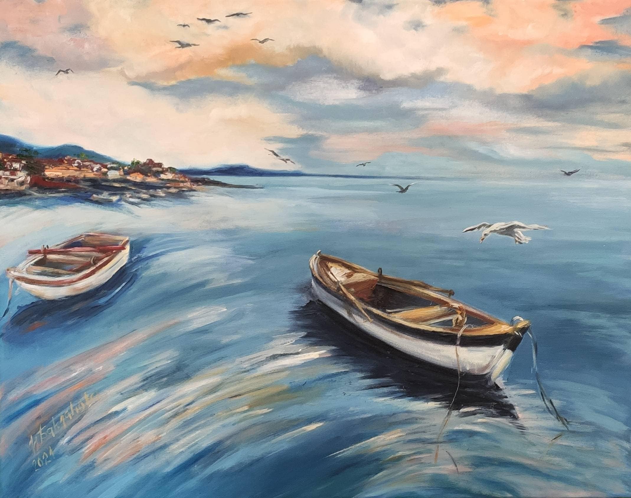 Painting Art & Collectibles Seascape Original Boat Art. Open Sea ...