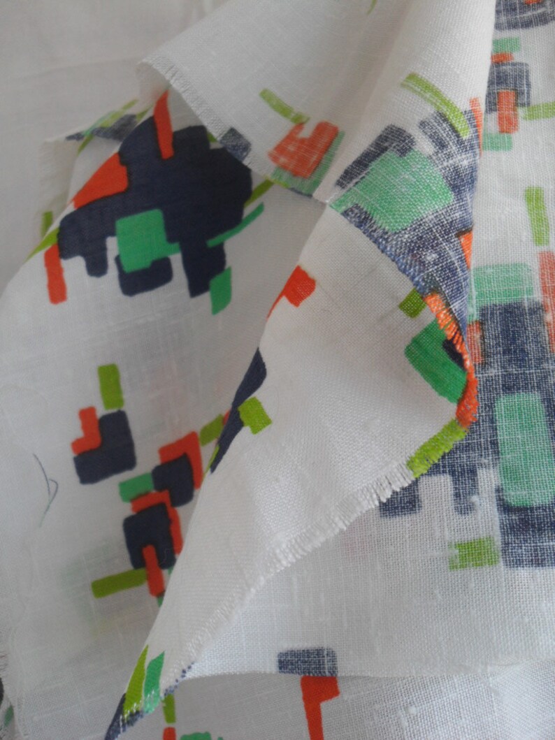 Geometric Pattern Vintage White Linen With Bright Summer Print - Etsy