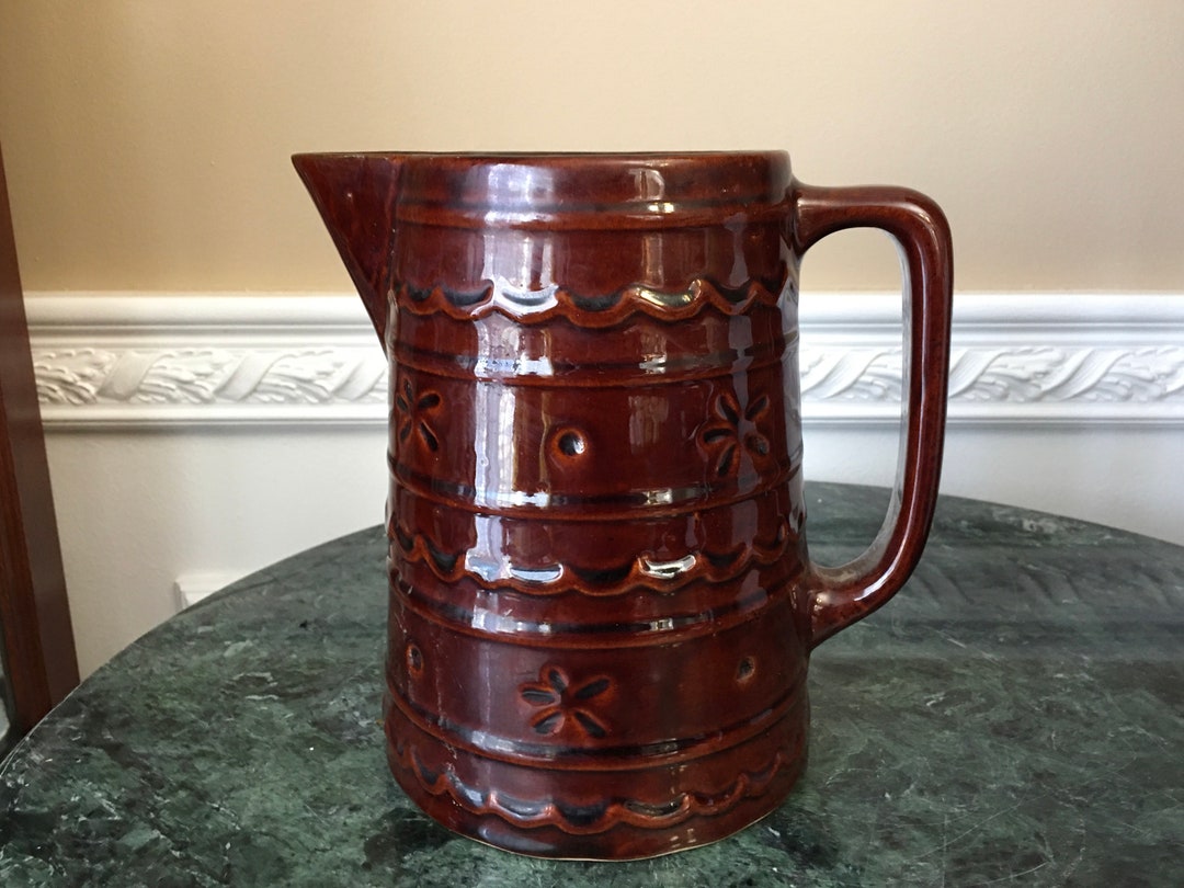 Vintage Brown Glaze Dot and Daisy Pattern Large 8" Tall Pitcher - Etsy