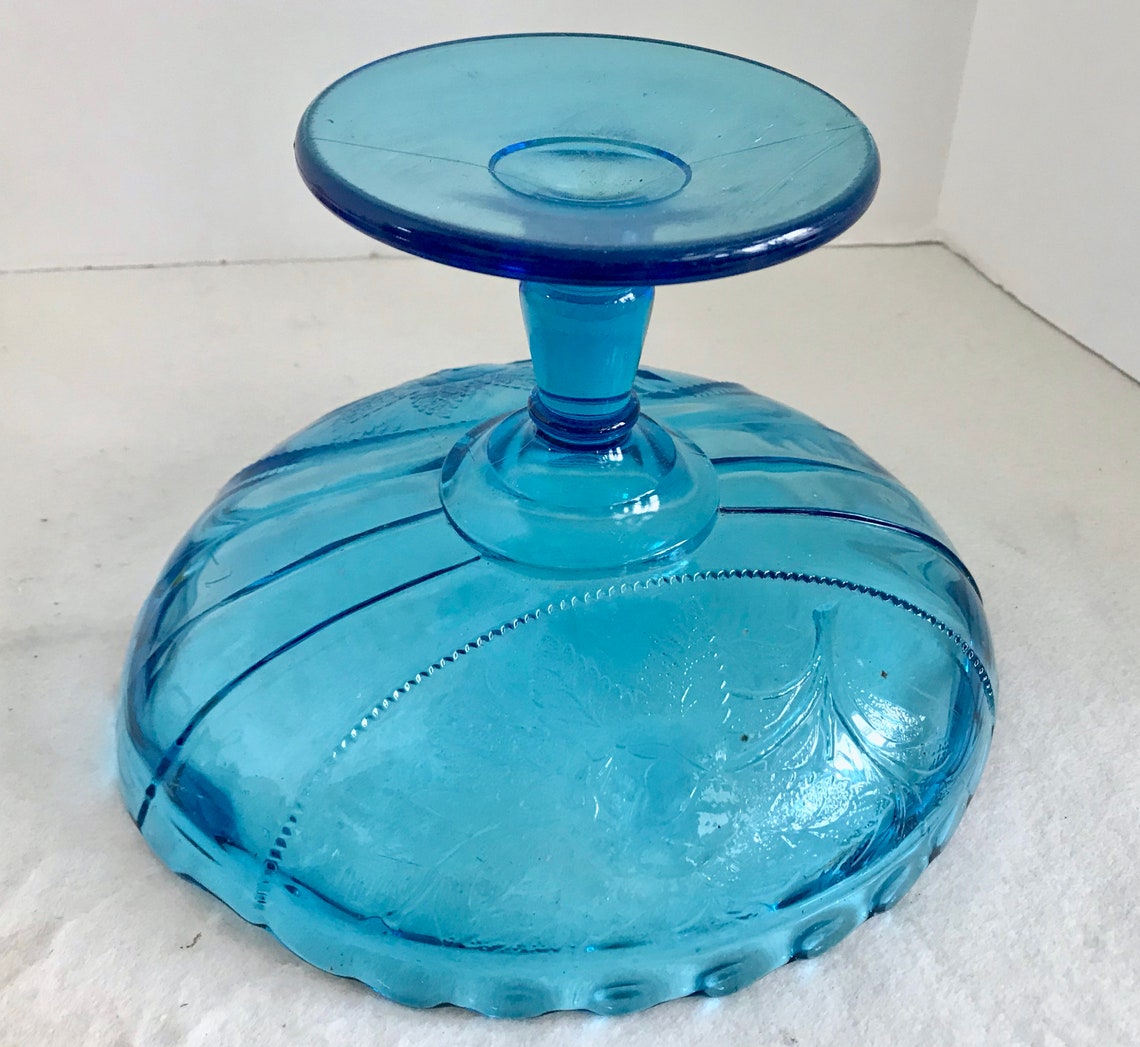 Aqua Blue Glass Oval Roses Pedestal Compote | Etsy
