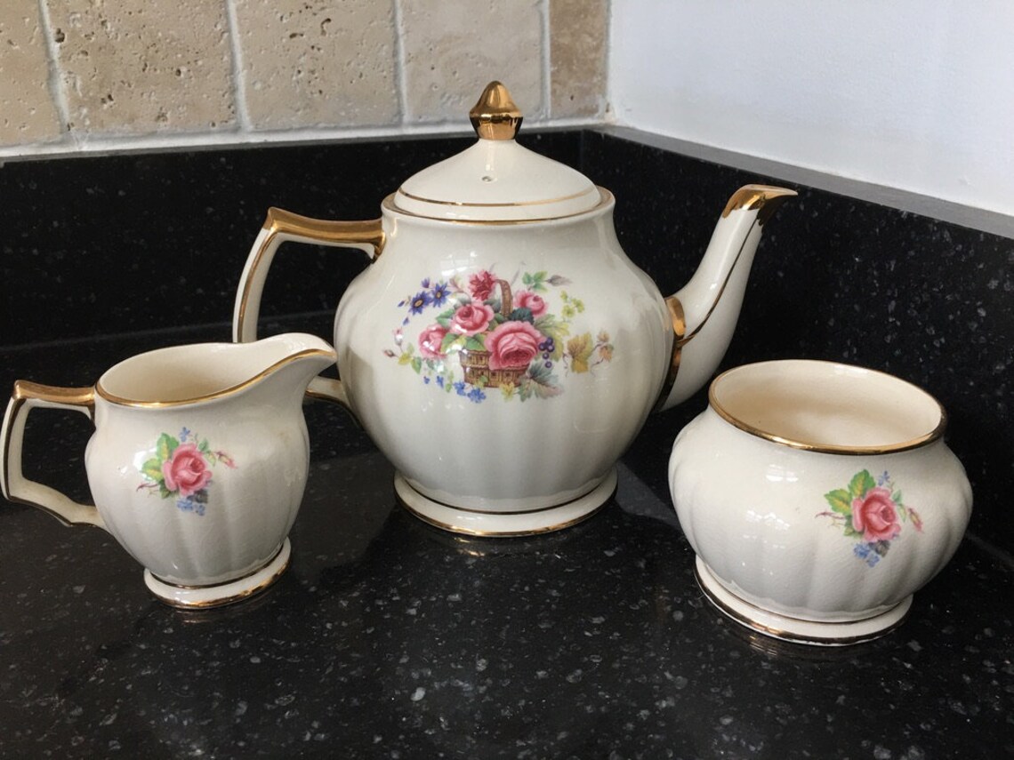 Vintage Sadler England Basket of Flowers Tea Set With Gold - Etsy