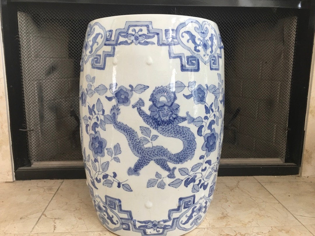 Vintage Chinese Dragon Porcelain Blue White Chinoiserie 18 Garden Stool Etsy