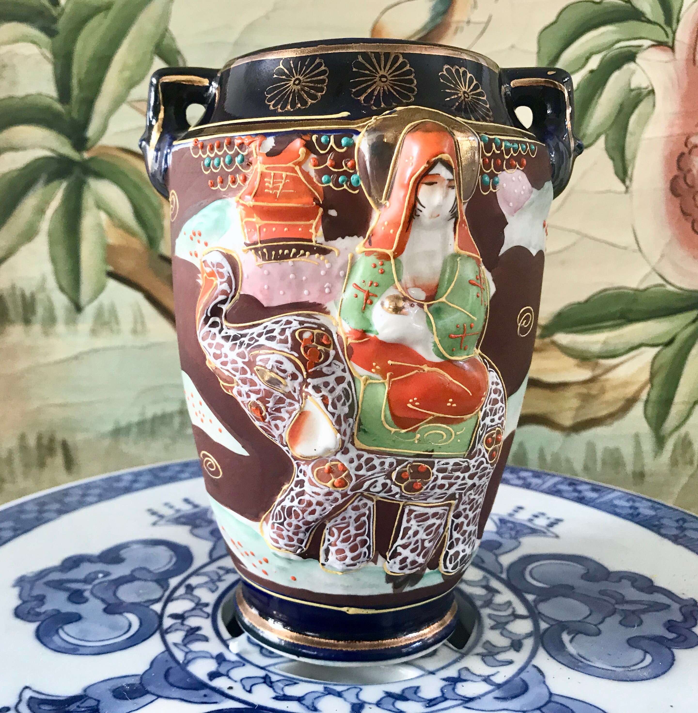 Satsuma Moriage Raised Relief Elephant and Geisha Cobalt Blue and Brown ...