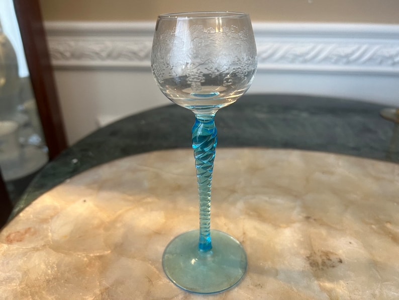 Vintage Crystal Etched Grape Vine Bowl Twisted Turquoise Stem 6 ...