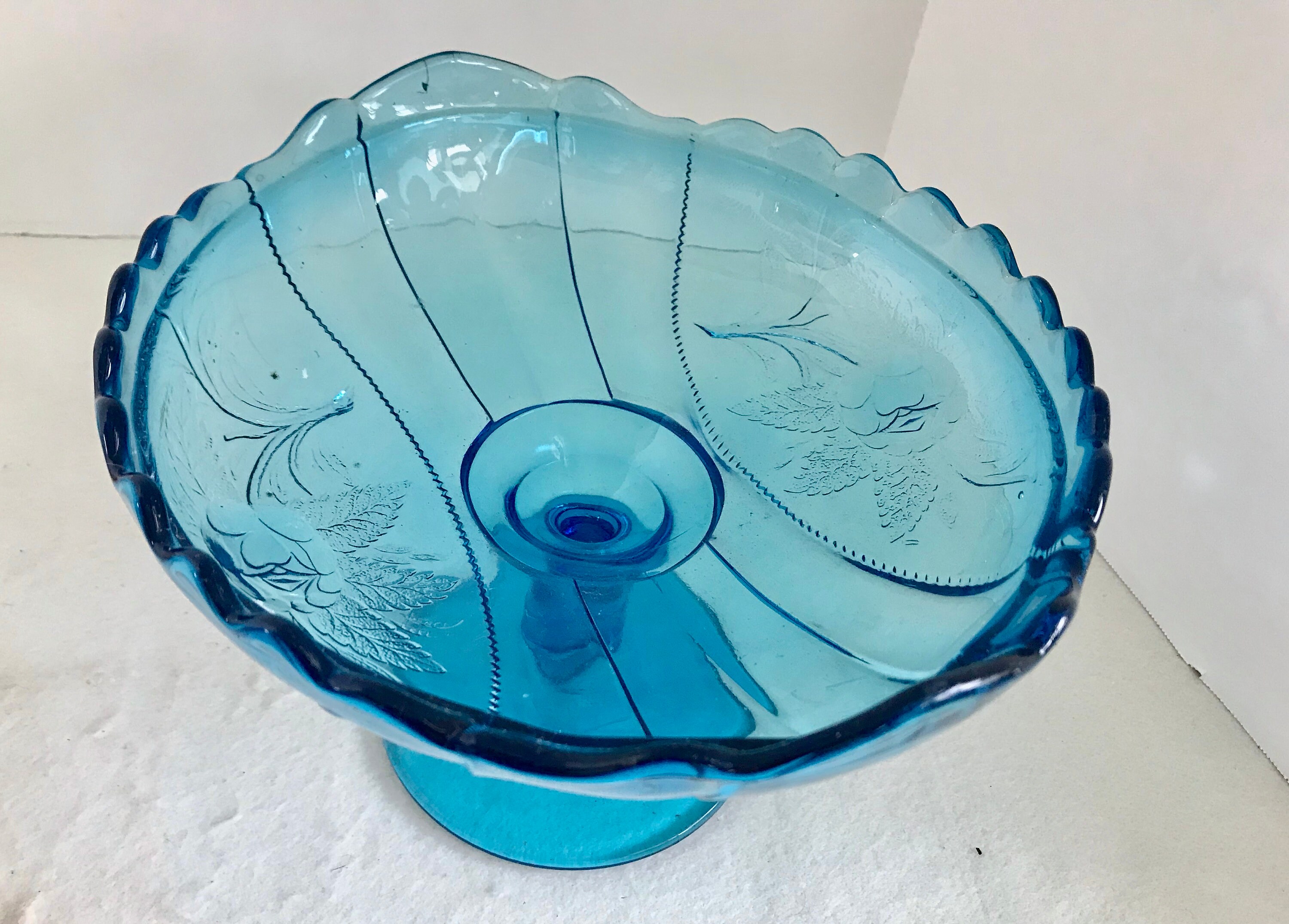 Aqua Blue Glass Oval Roses Pedestal Compote | Etsy