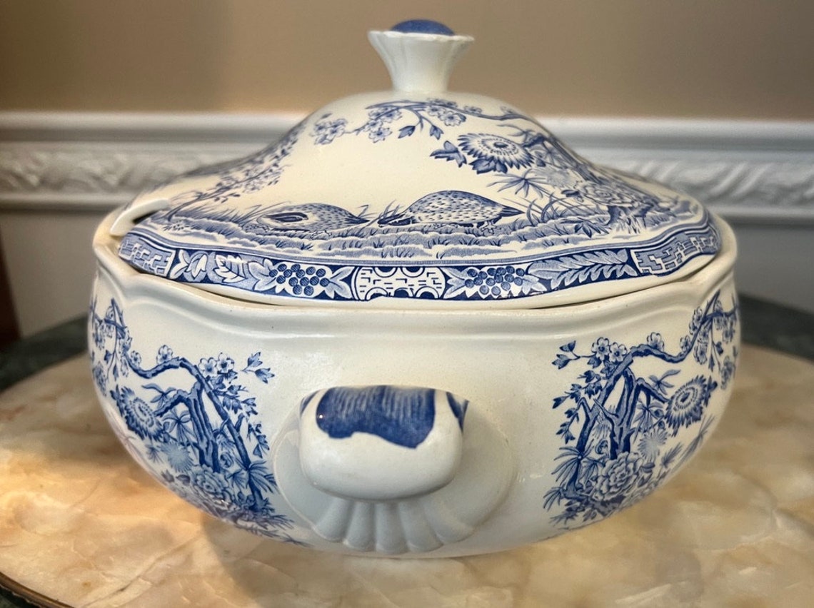 Antique Furnivals Quail English Blue White 12" Wide With Handles Tureen ...