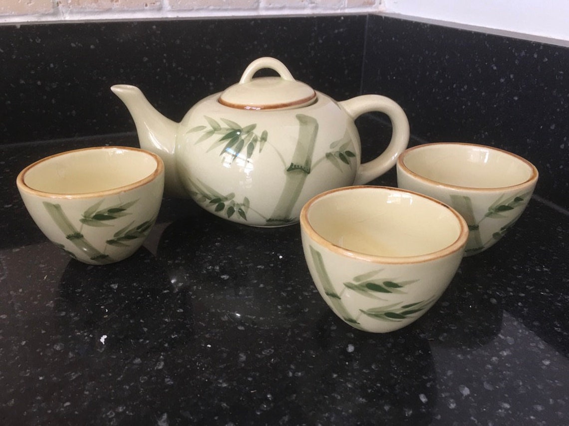 World Market Green Bamboo Tea Set With 3 Cup Teapot & 3 - Etsy