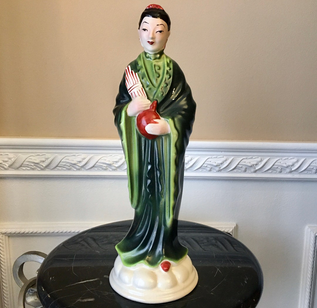 Lampmaster 13" Tall Chinese Woman Green Robe Rock Pillar Mid-century ...