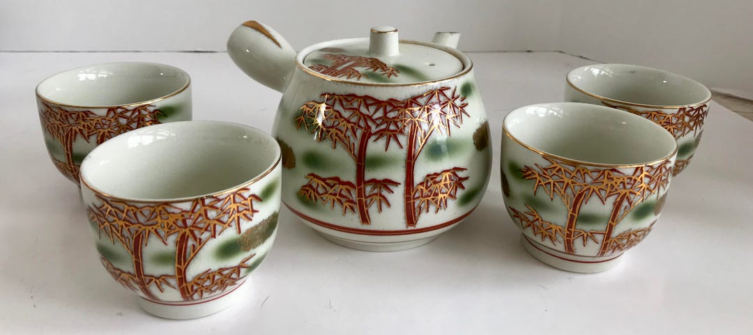 Vintage Japanese Red Bamboo With Gold Highlights Side Handle Tea Set - Etsy