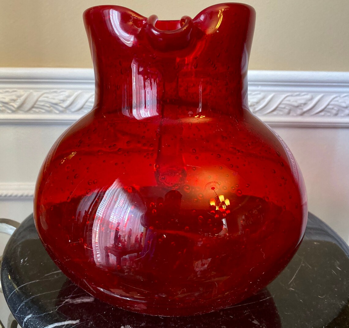 Red Bubble Art Glass Clear Handblown Pitcher | Etsy