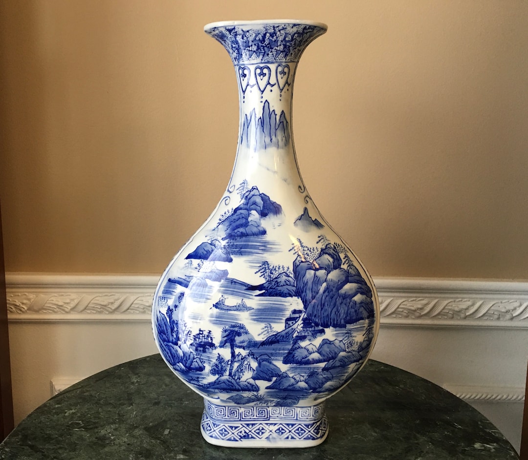 Vintage Made in China Blue and White 18" Countryside Moon Vase/jar - Etsy