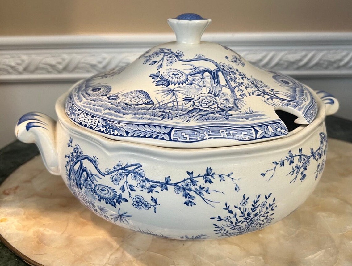 Antique Furnivals Quail English Blue White 12" Wide With Handles Tureen ...