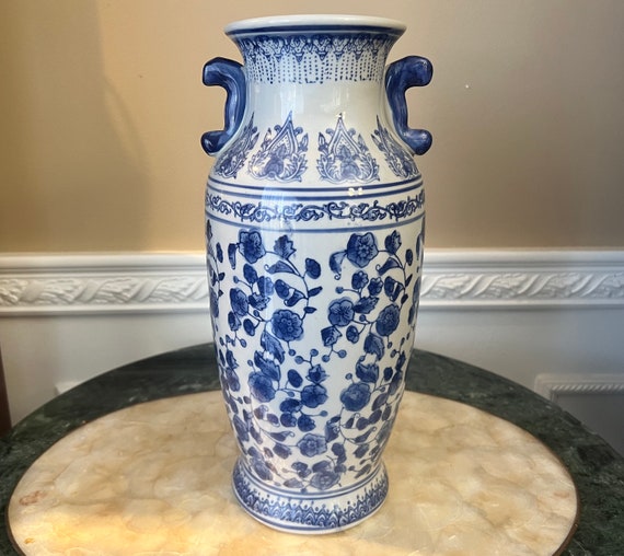 Vintage Chinese Blue White Asian Porcelain 14 Vase With Handles Etsy Ireland