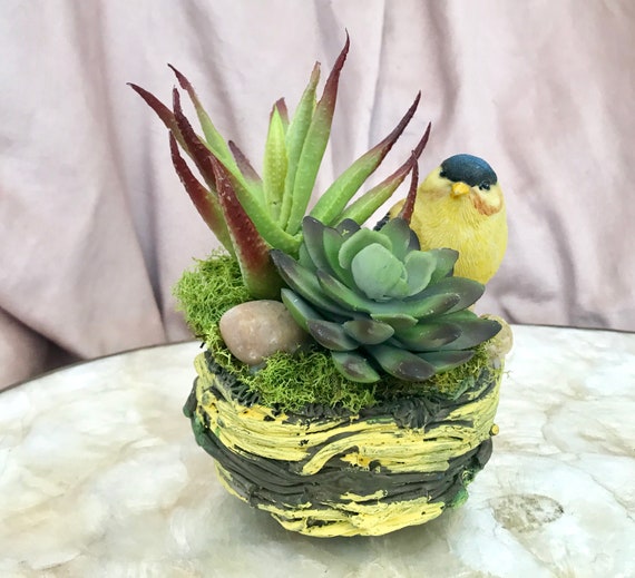 Ceramic Bird Nest with Yellow Bird Planter with Artificial | Etsy