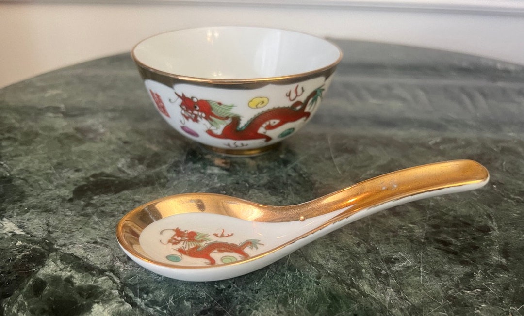 Jing De Zhen Golden Dragon/phoenix Matching Rice Bowl and Spoon - Etsy