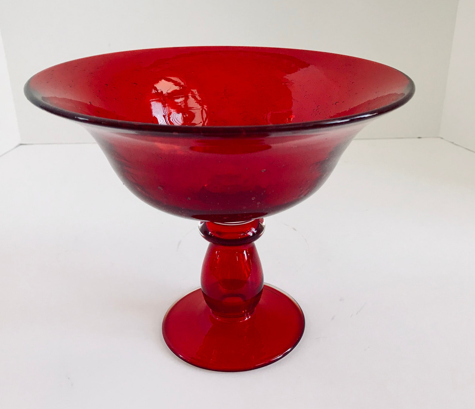 Large 6 1/2 Ruby Red Cased Art Glass Compote | Etsy