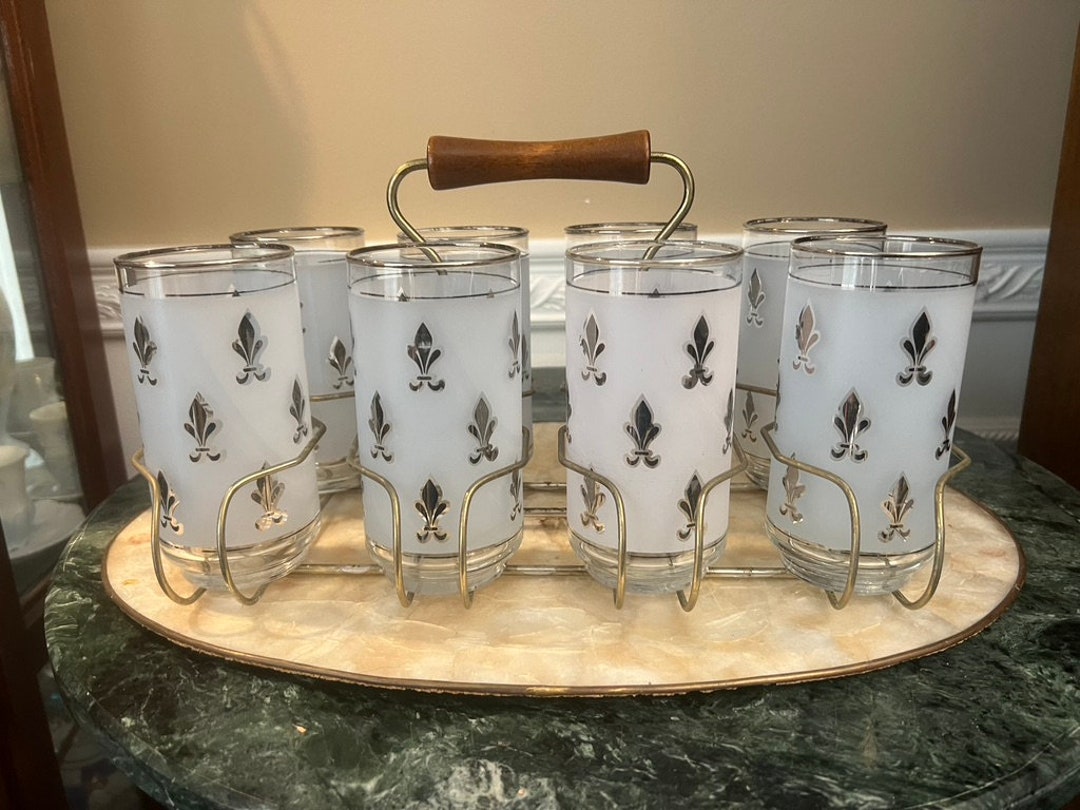 Mid Century Libbey Barware Set 8 Frosted Gold Leaf Fleur De Las ...
