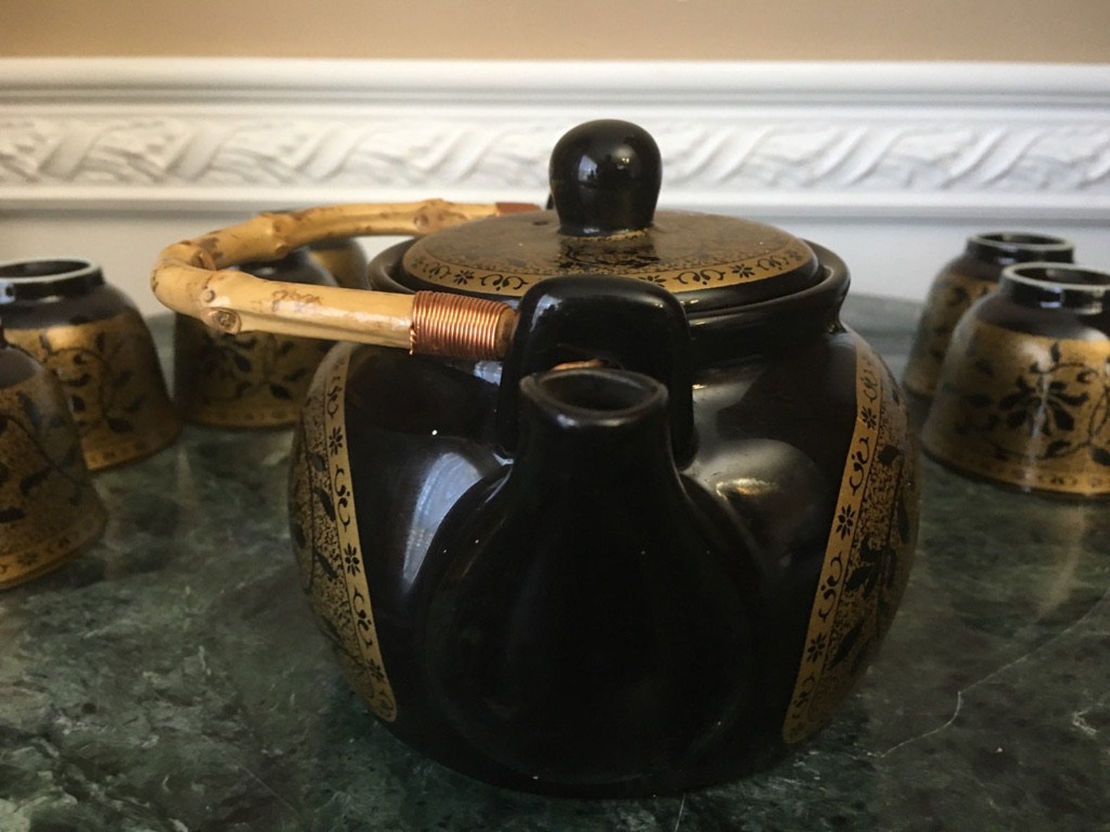 Vintage Japanese Black and Gold Tea/saki Set With Bamboo - Etsy