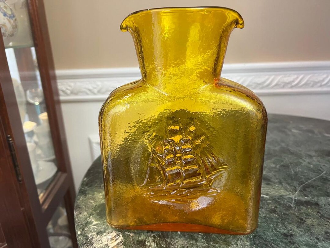 Vintage Kanawha 8" Amber Glass Double Spouted Water Bottle With Sailing ...