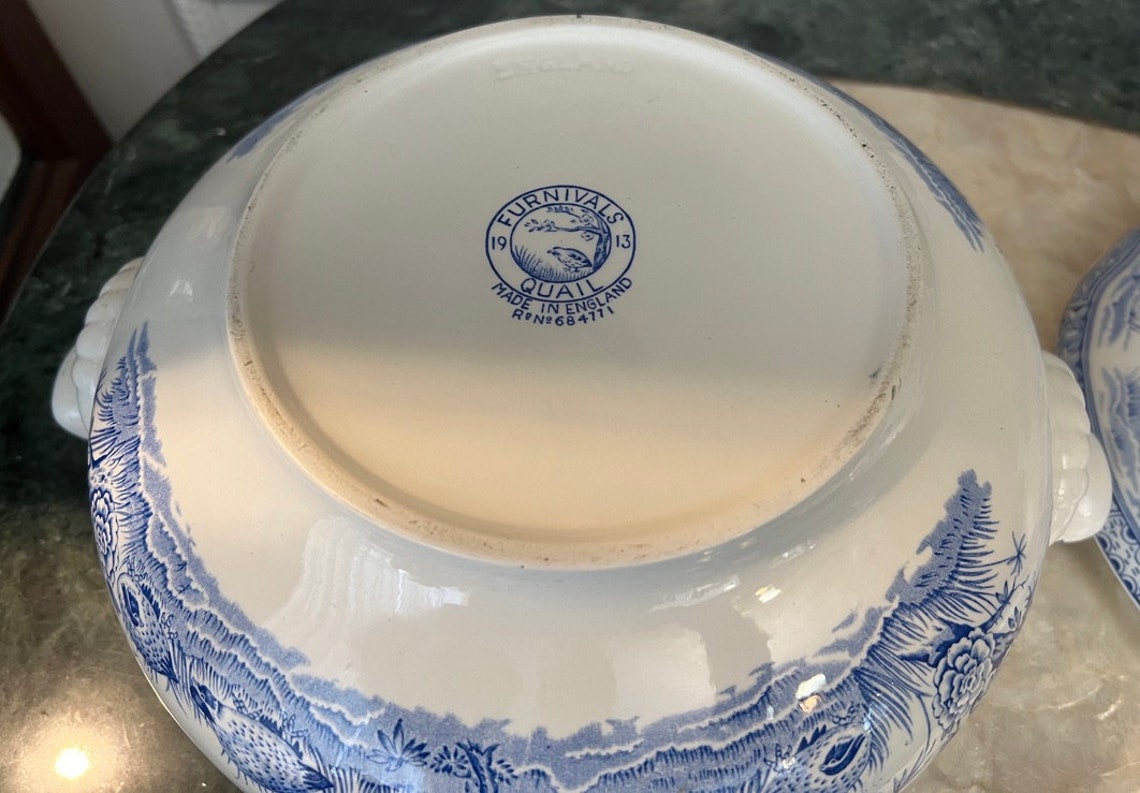 Antique Furnivals Quail English Blue White 12" Wide With Handles Tureen ...