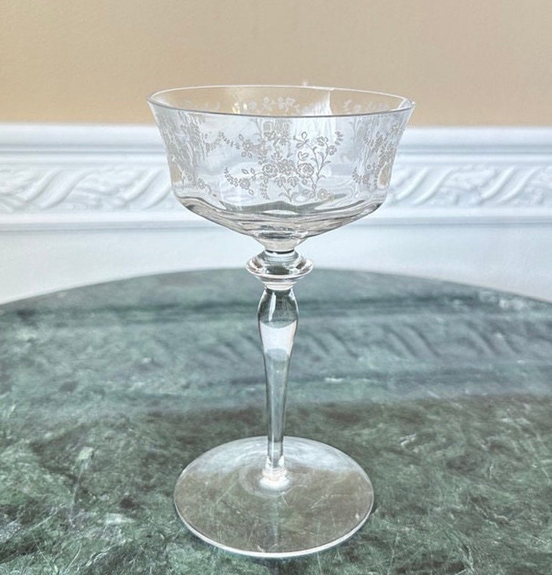 Vintage Etched Floral Scroll Paneled Stemware 7" Tall Champagne Glass ...
