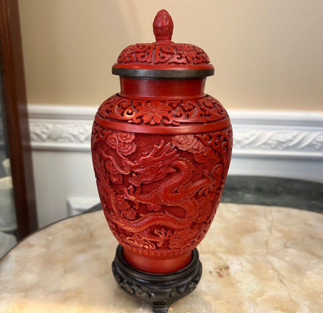 Vintage Chinese Red Cinnabar Dragon Carved Lacquer Brass Enamel 8" Jar ...