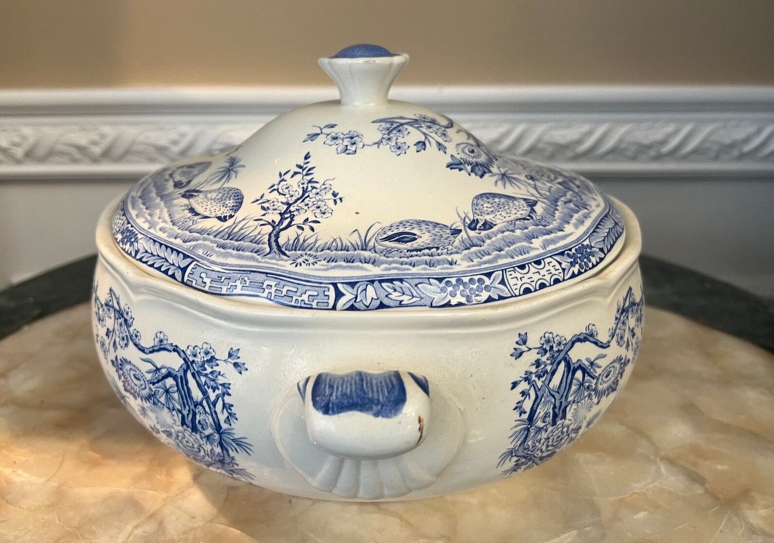 Antique Furnivals Quail English Blue White 12" Wide With Handles Tureen ...