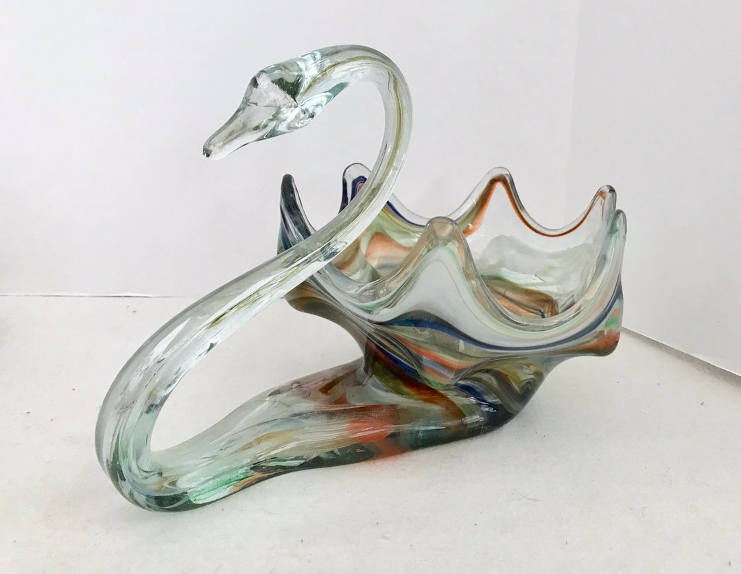 Sooner/ozark Blown Art Glass Swirl Cornucopia/centerpiece Swan Bowl - Etsy