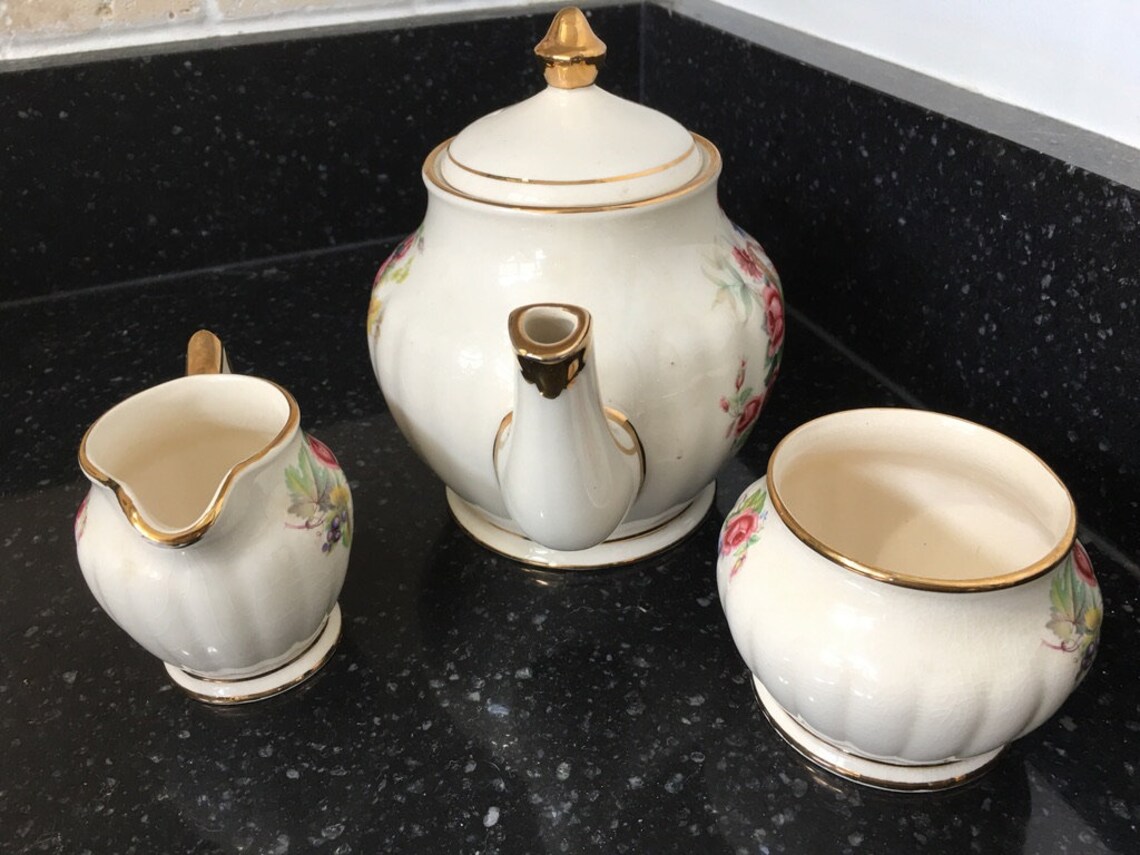 Vintage Sadler England Basket of Flowers Tea Set With Gold - Etsy