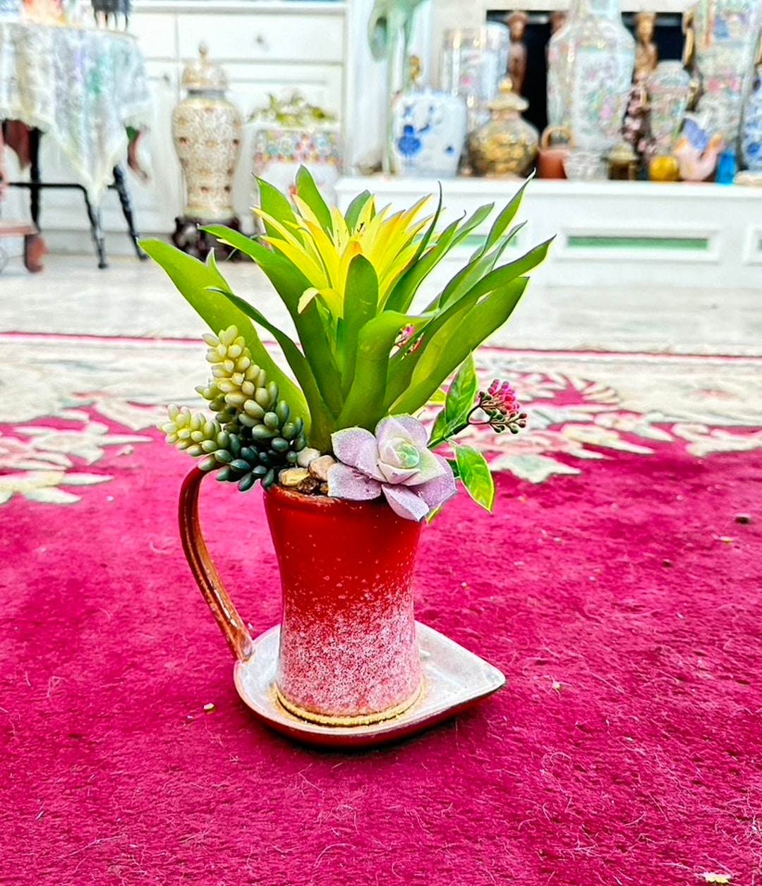 Red Splatter Pottery Pitcher Planter With Green Yellow Grass Succulents ...
