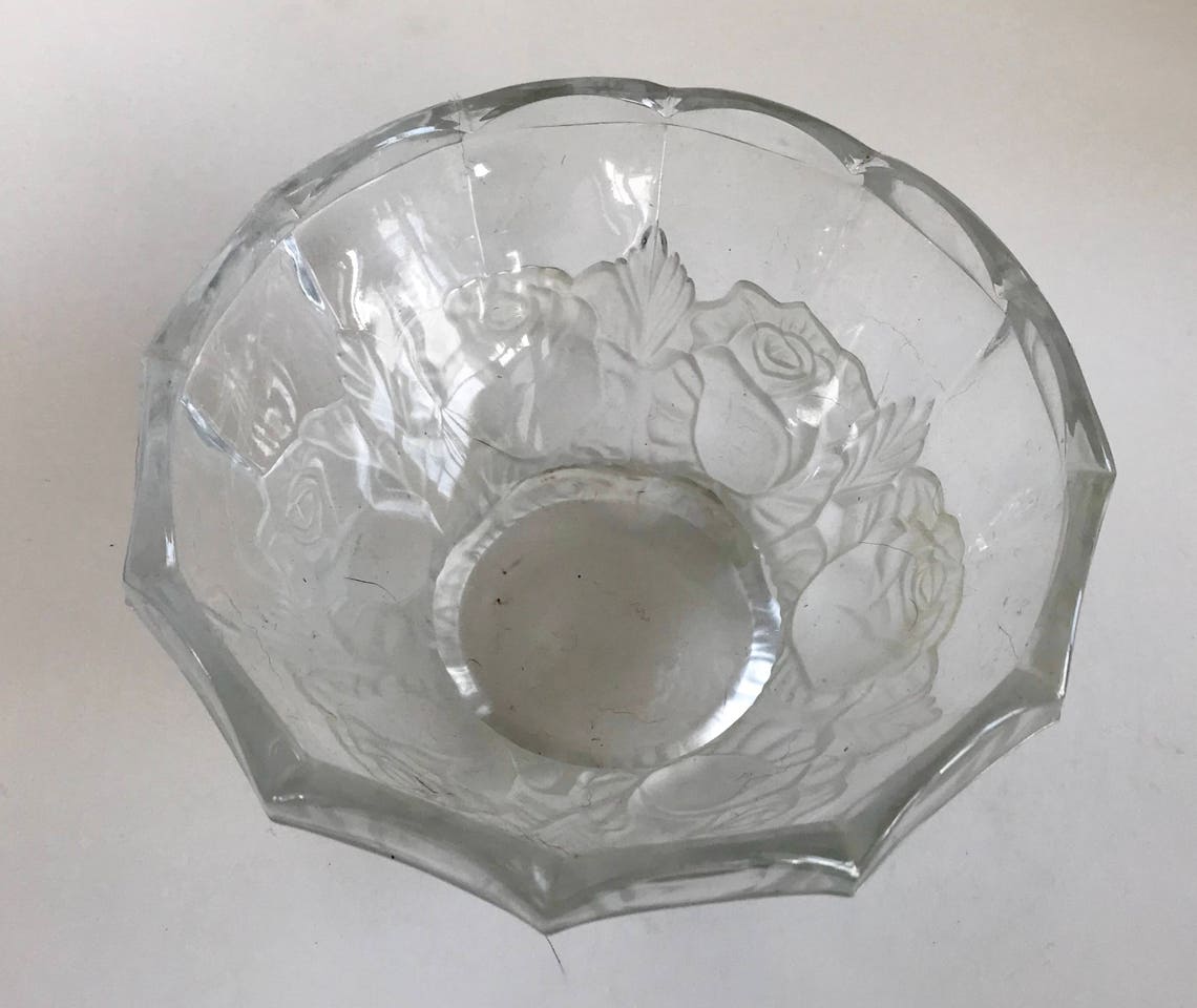 Vintage Clear Glass Bowl With Frosted Roses Around The Base Etsy