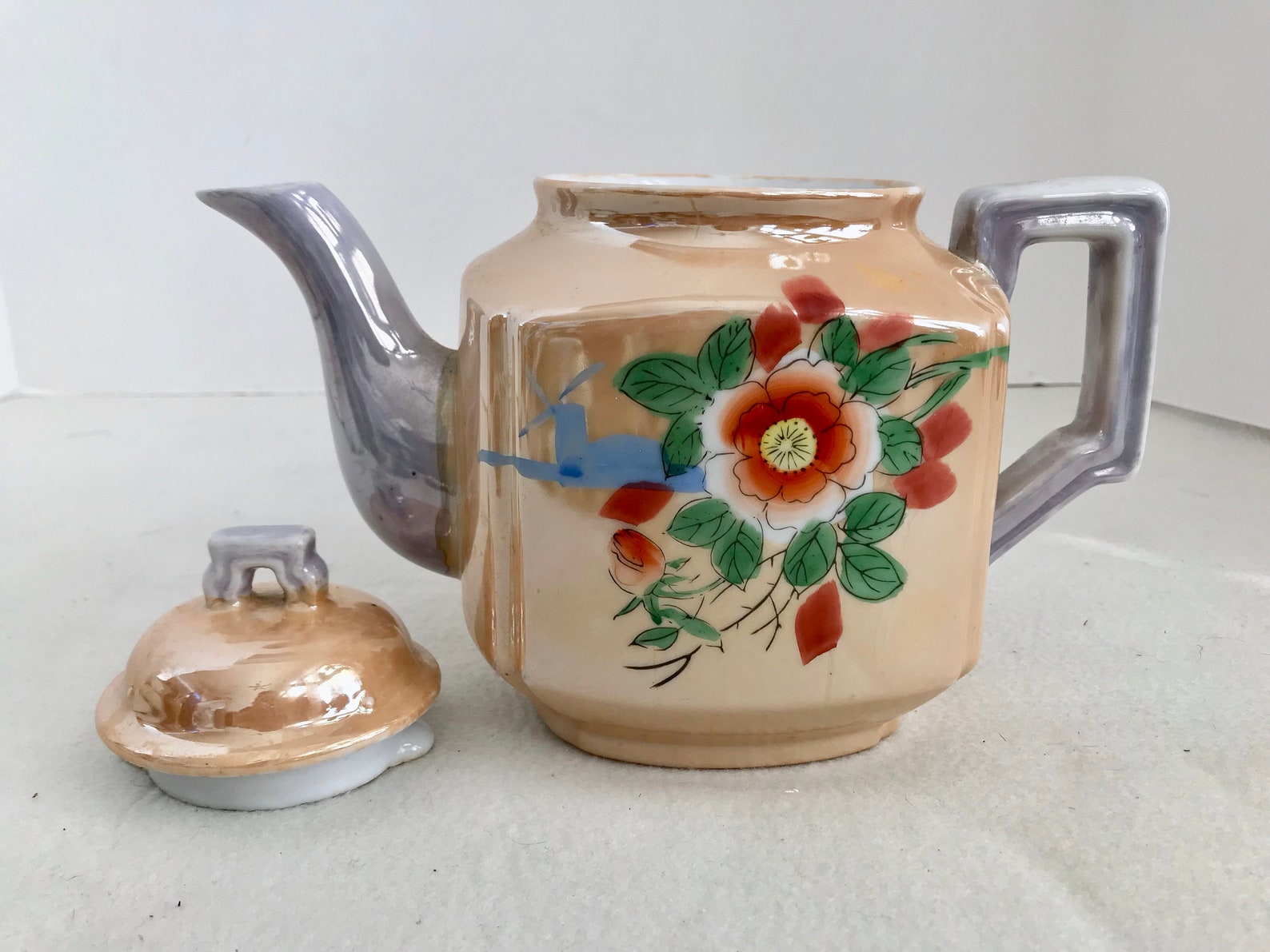 Lusterware Japan Orange and Blue Hand Painted Floral 4 Cup | Etsy