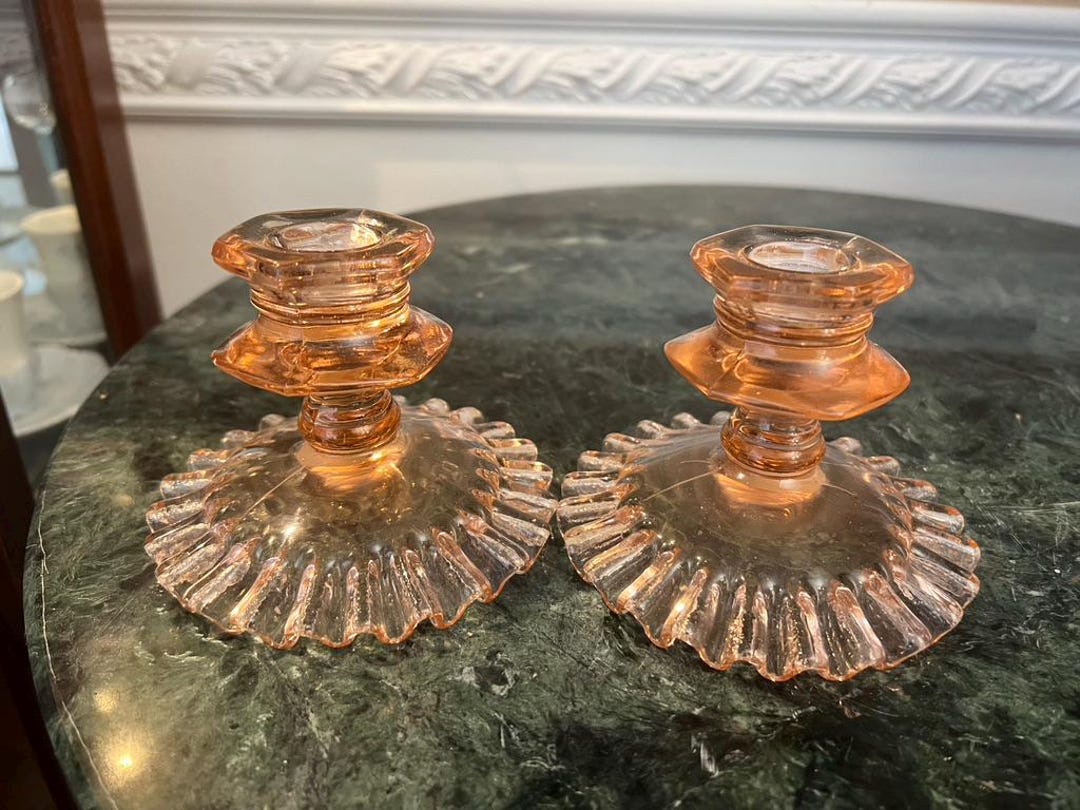 Vintage Pink Depression Glass 2 Candlestick Holders Crimped Ruffled ...