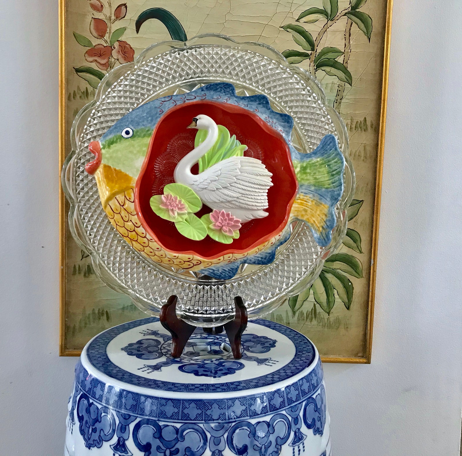 Repurposed Garden Yard Art With Colorful Ceramic Fish and Swan - Etsy