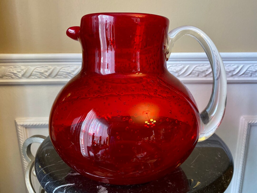 Red Bubble Art Glass Clear Handblown Pitcher - Etsy
