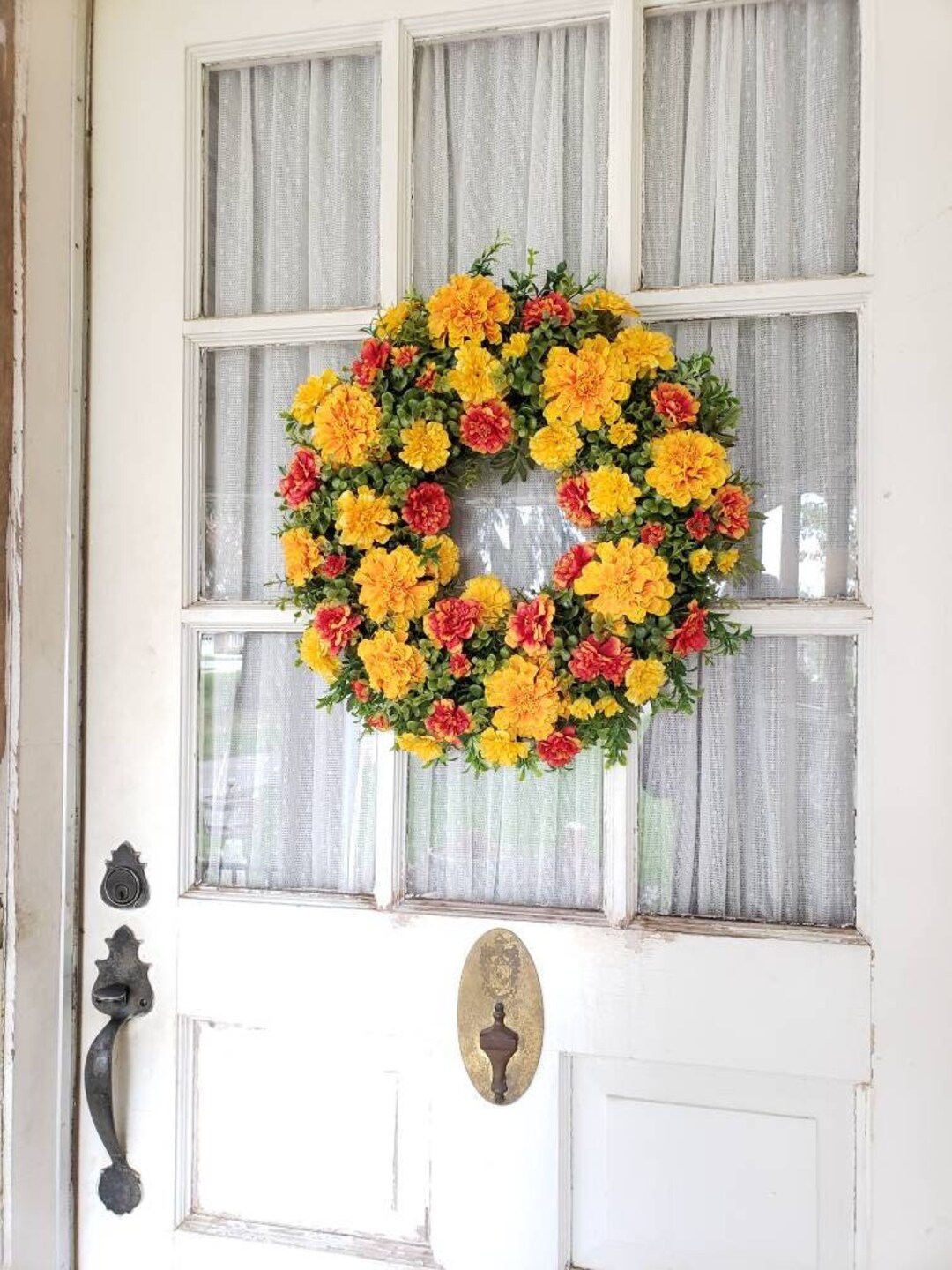 Marigold Wreath, Faux Artificial, Summer Spring and Fall Door ...