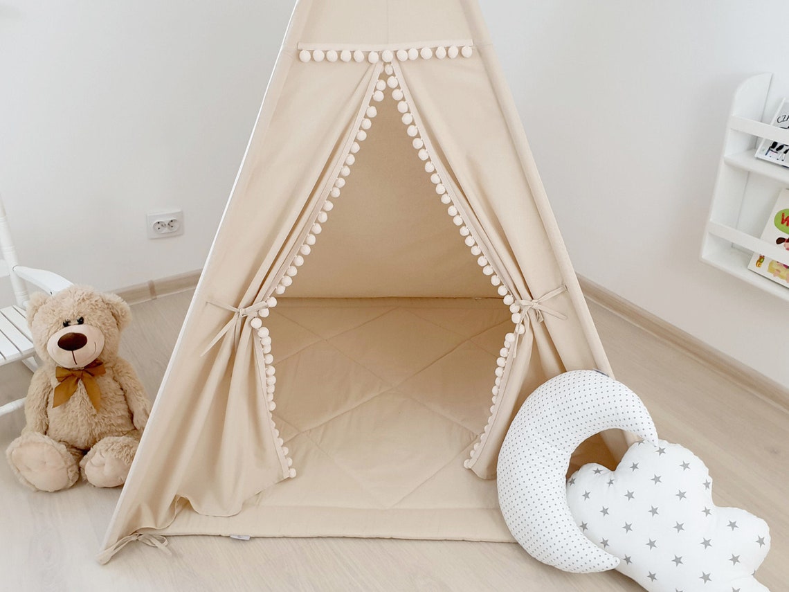 Teepee With Pompoms Kids Tipi Beige Indian Tee Pee | Etsy