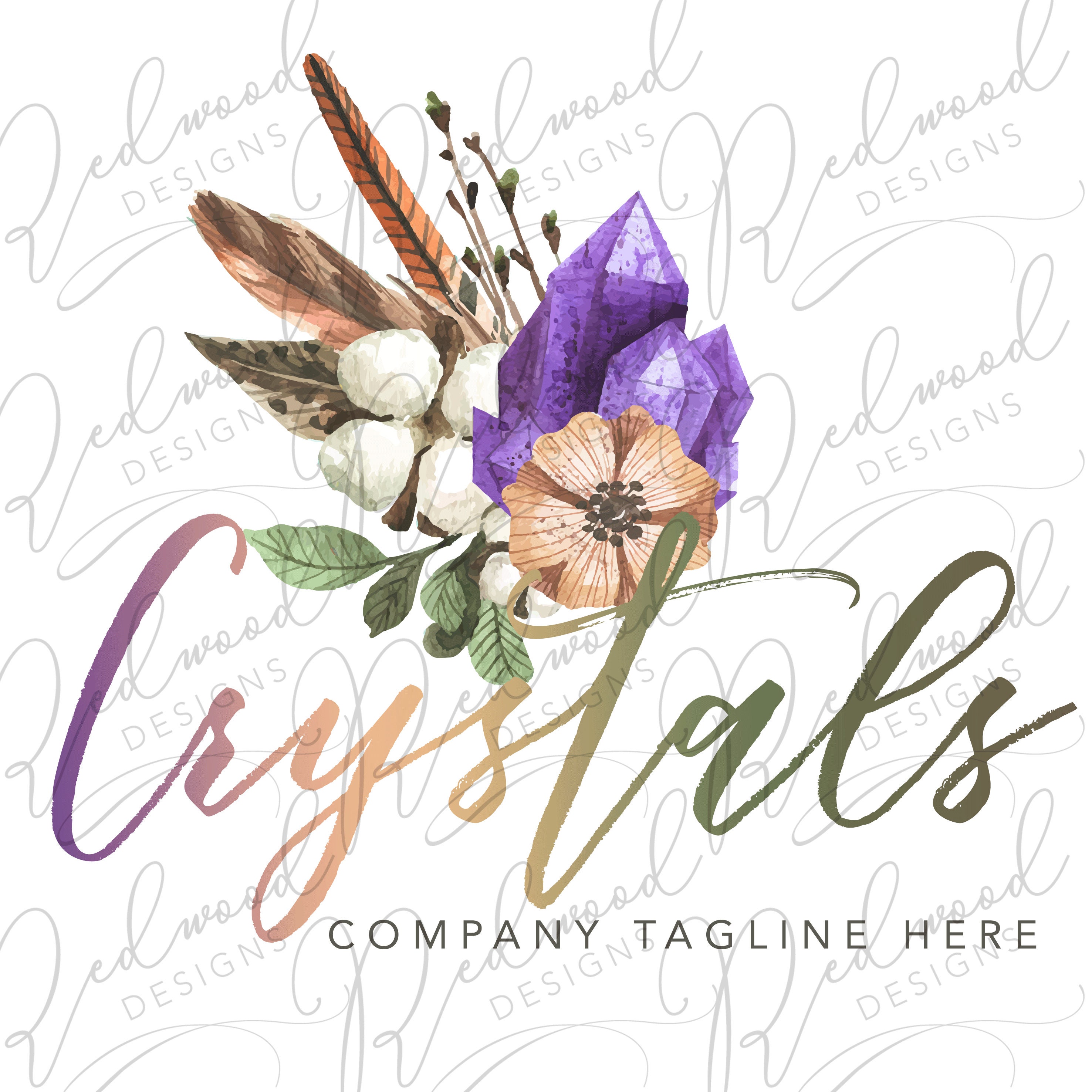 Crystals Logo Design, Premade Logo, Healing Logo, Feathers Logo, Boho ...