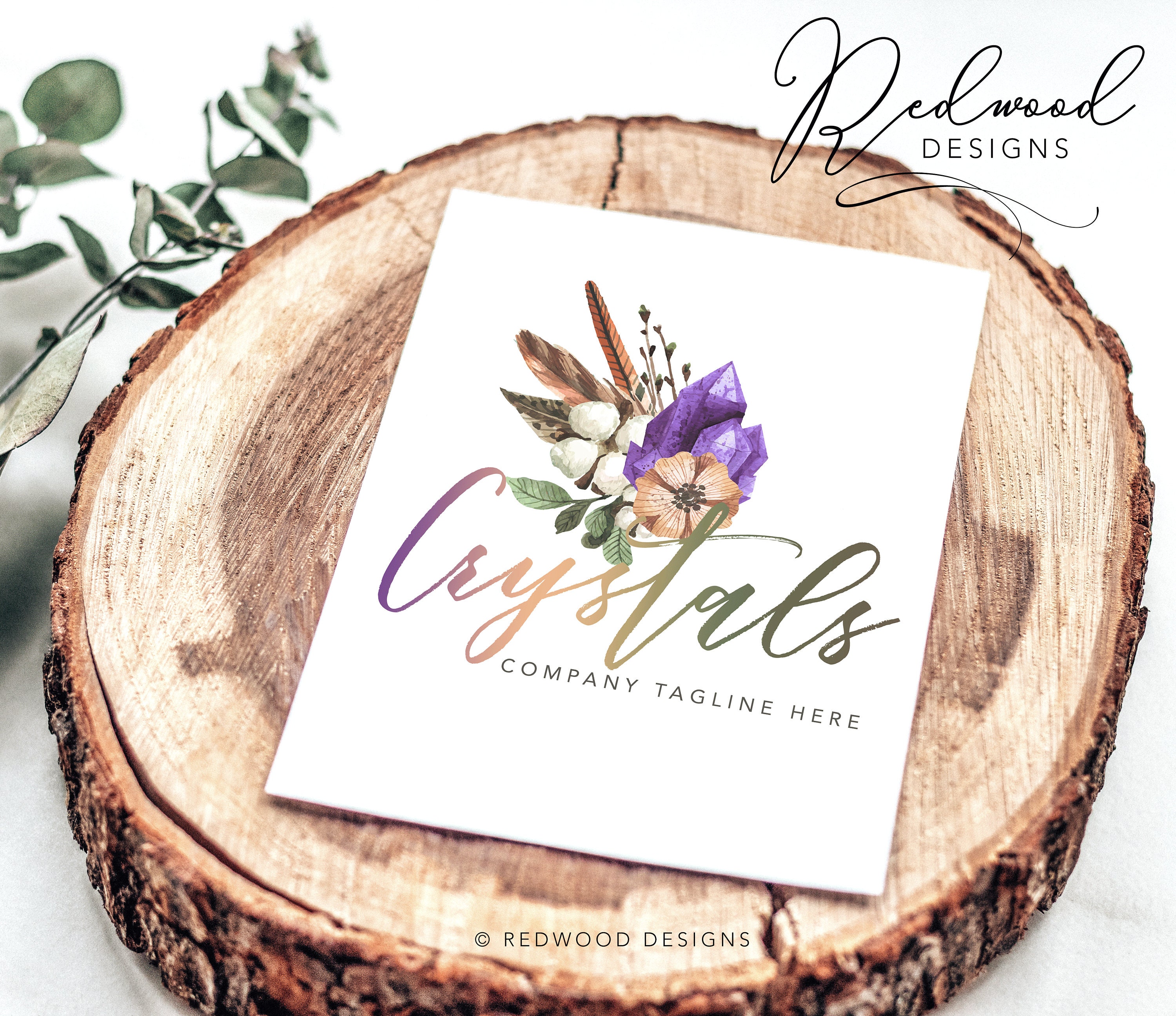 Crystals Logo Design, Premade Logo, Healing Logo, Feathers Logo, Boho ...