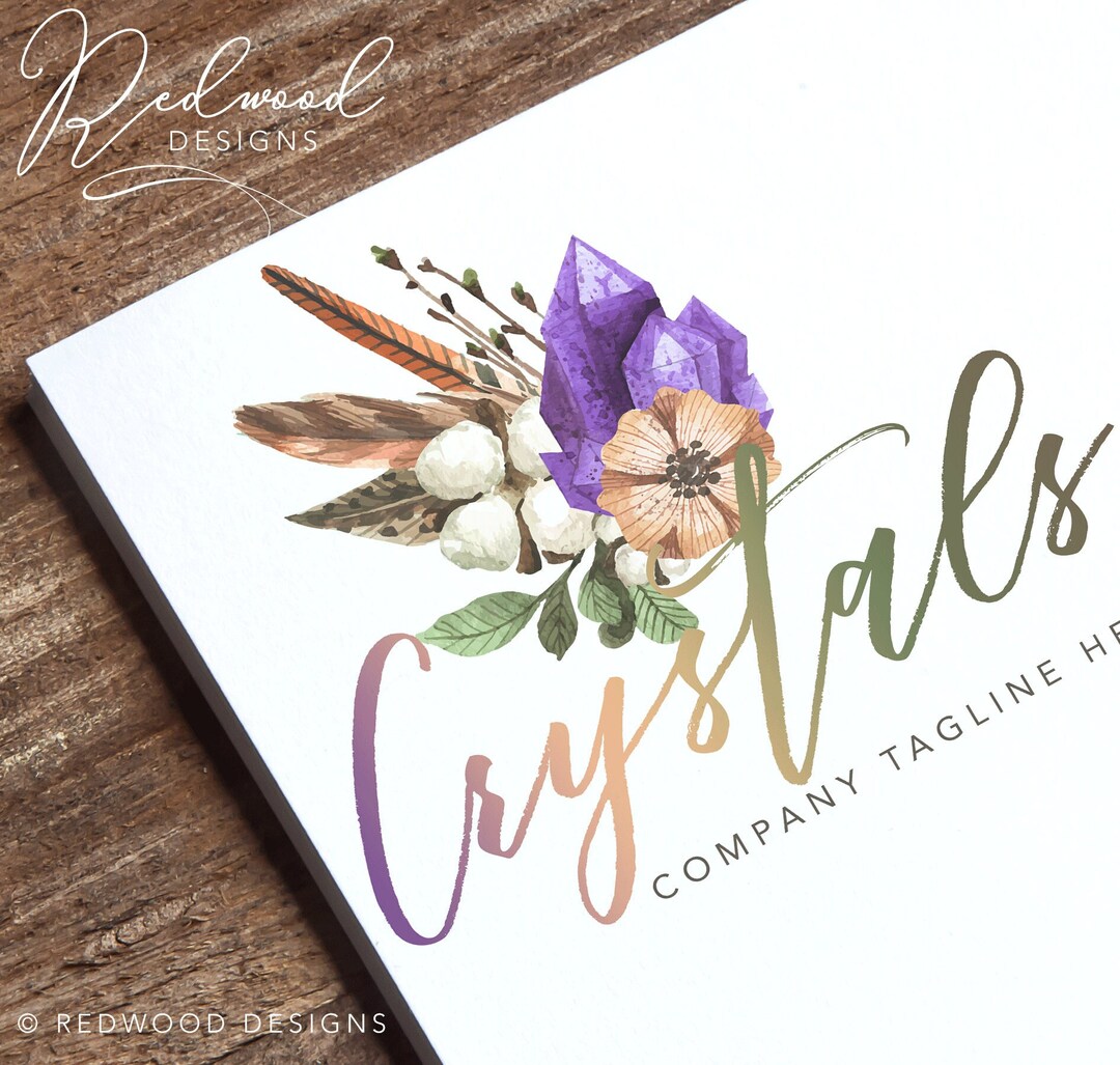 Crystals Logo Design, Premade Logo, Healing Logo, Feathers Logo, Boho ...