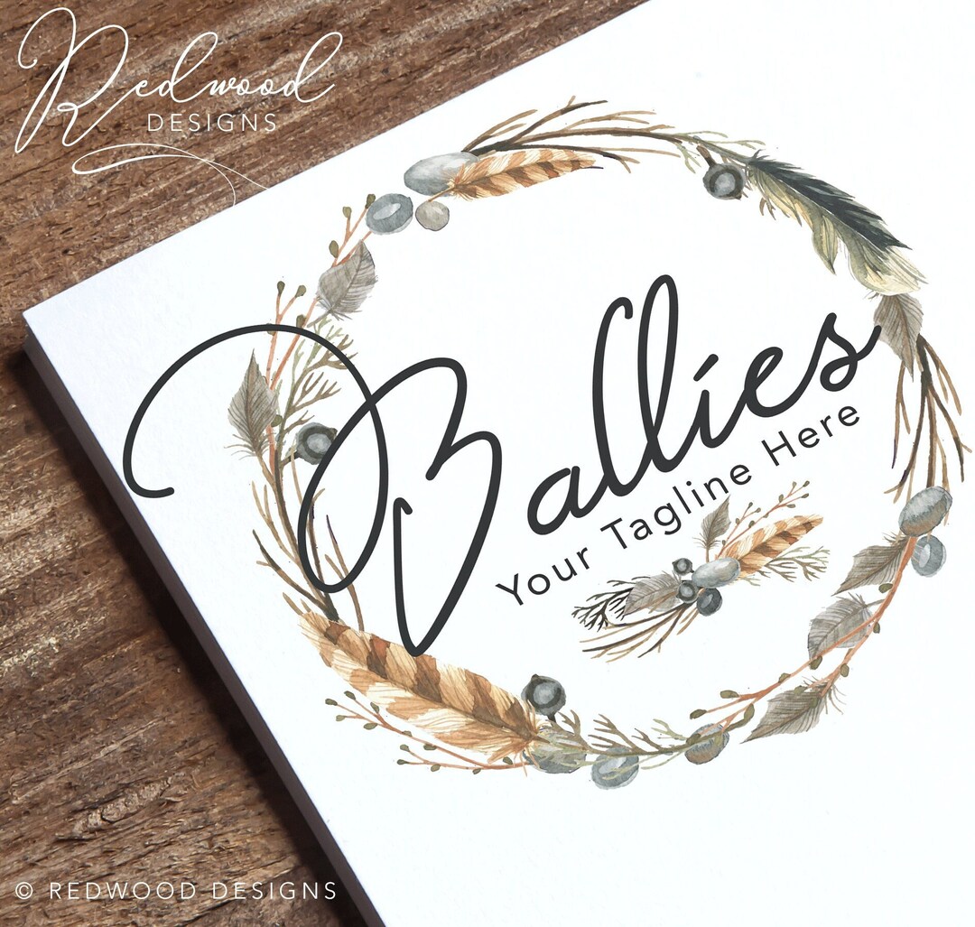 Rustic Logo Design, Premade Logo, Wreath Logo, Feathers Logo, Boho Logo ...