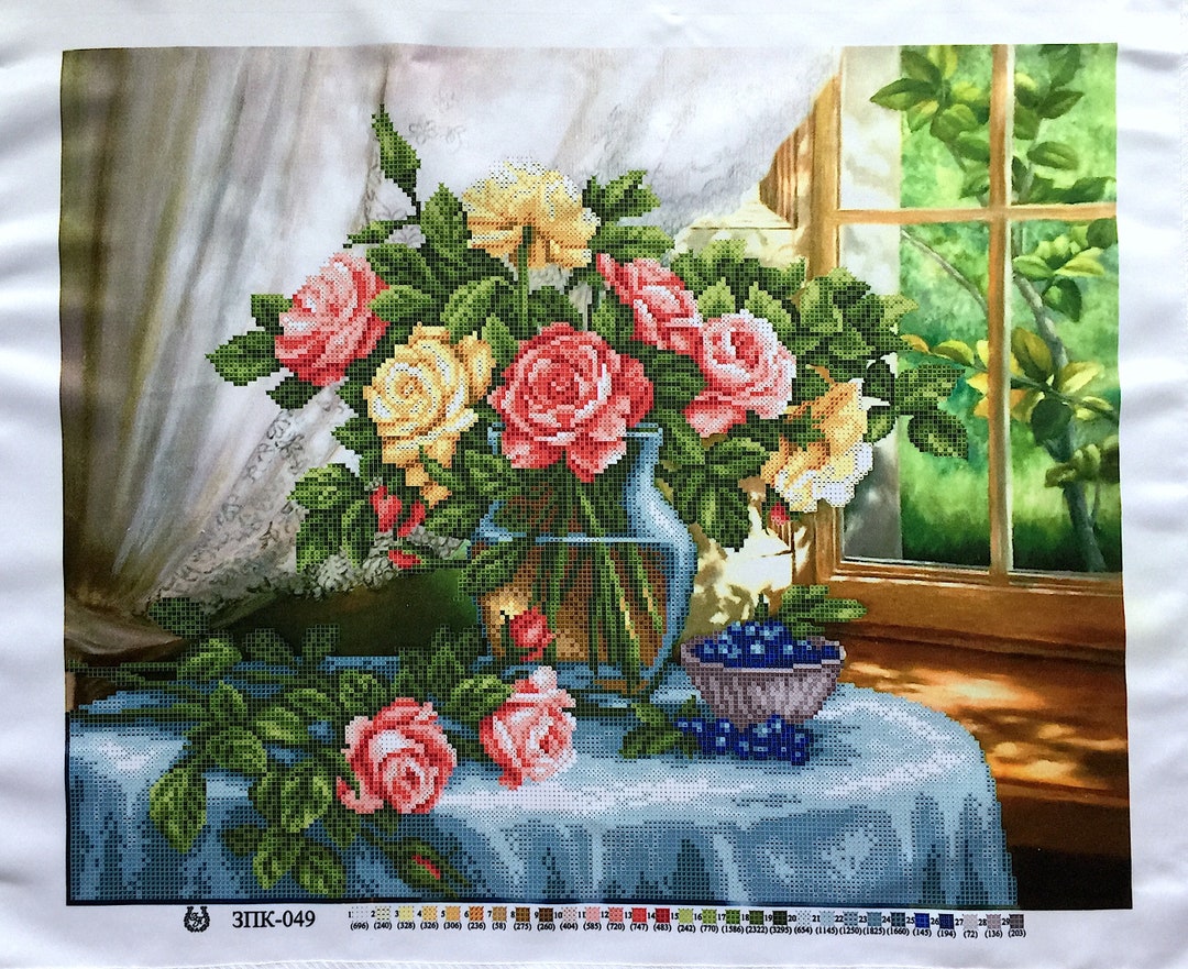 Roses on a Table - Bead Embroidery Kit. Flower DIY Beadwork Kit. Hand ...