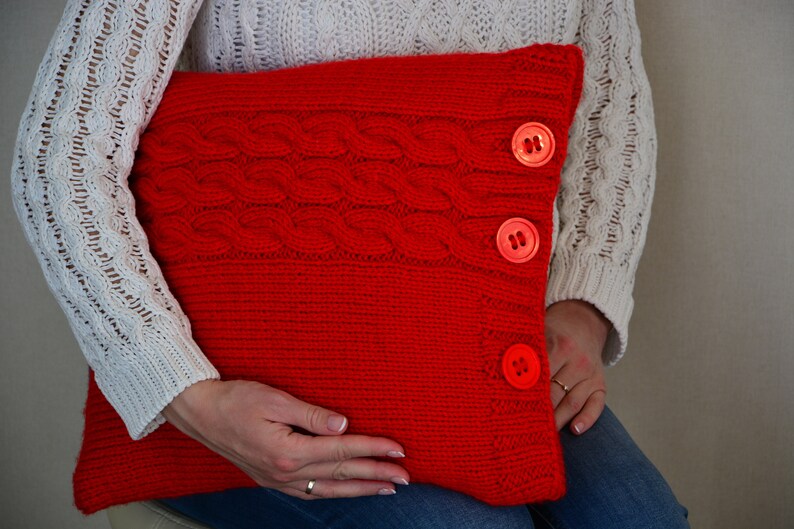 Red Cable Knitted Decorative Pillow Case With Three Buttons. Home Sofa ...