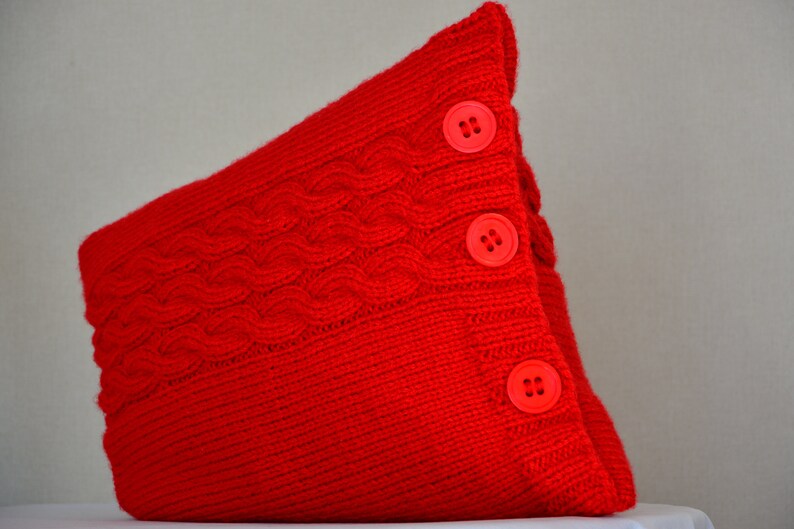 Red Cable Knitted Decorative Pillow Case With Three Buttons. Home Sofa ...