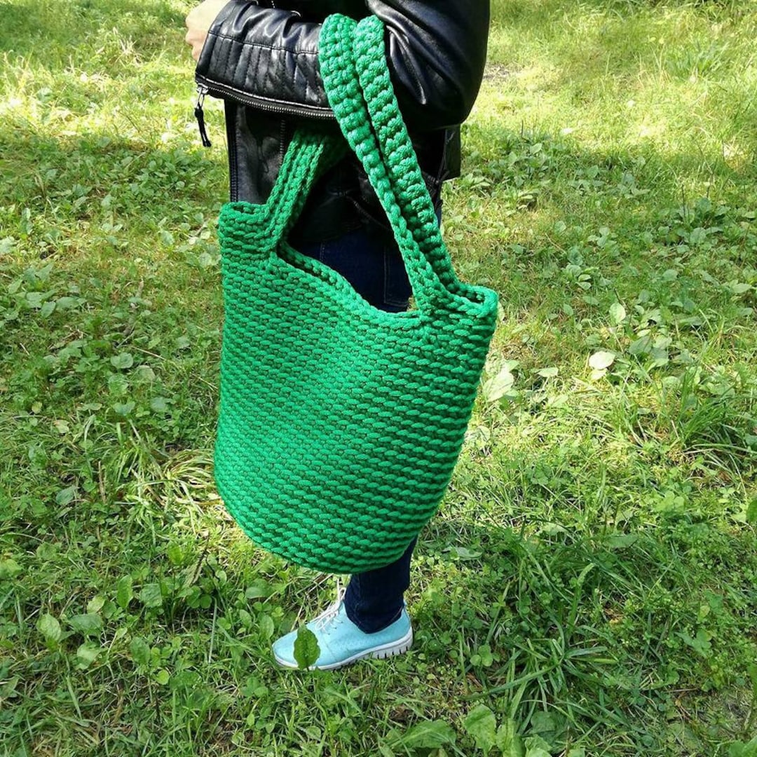 Crochet Tote, Handmade Shoulder Bag, Large Crochet Rope Bag, Green ...