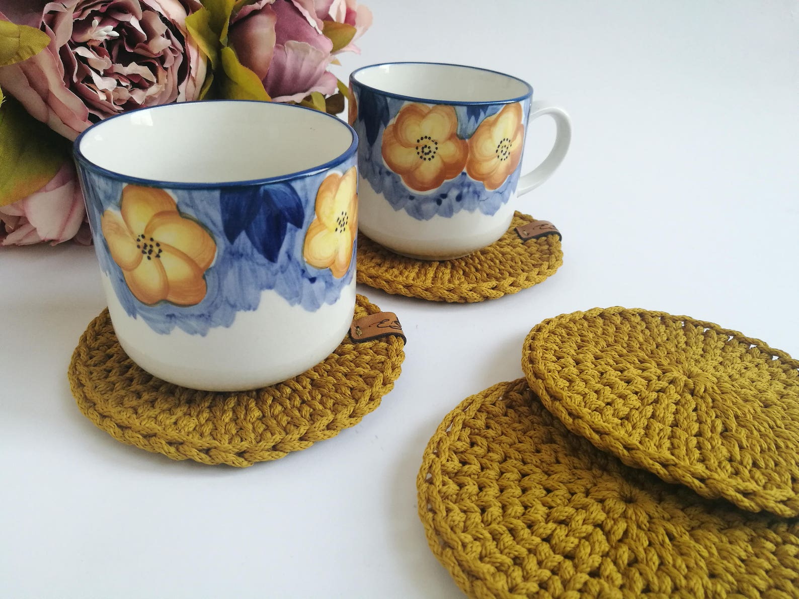 Round Coasters Set, Table Decor, Cup Coasters, Knitted Cup Pad ...