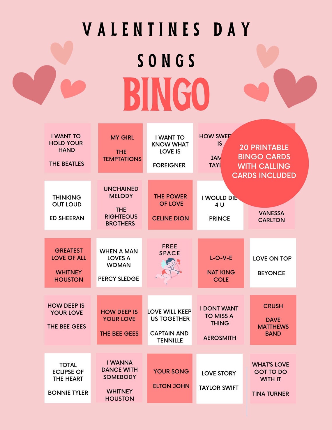 Valentines Day Songs Bingo Cards - Etsy