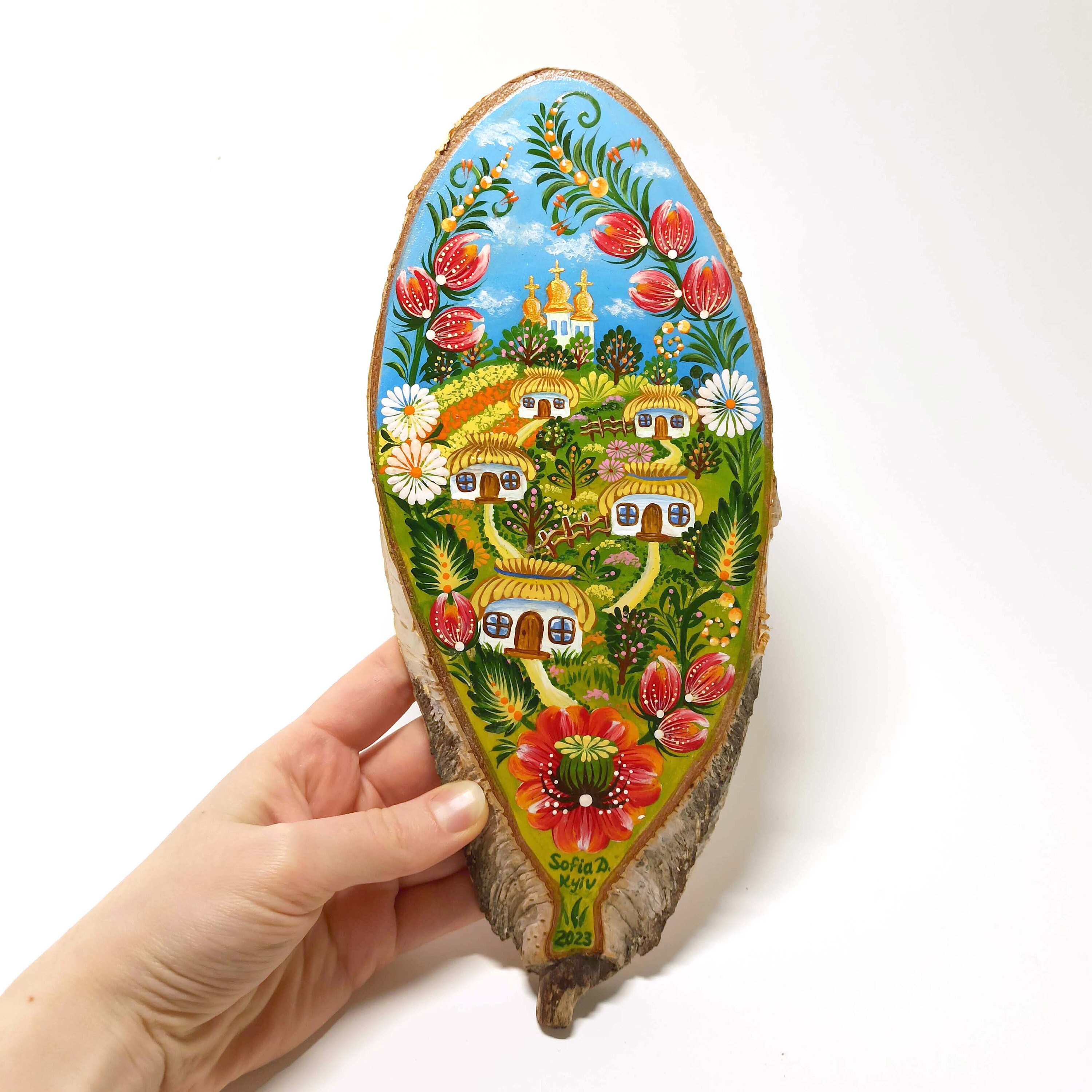 Hand Painted Wood Painted Tree Ring Wood Slice Petrykivka Art, Wall ...