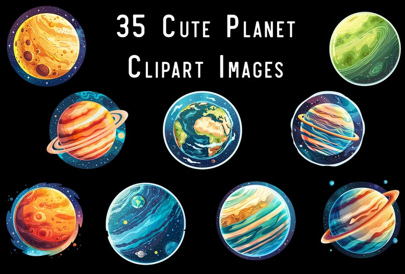 Cute Planet Clipart Set Bundle 35 Pngs, Cute Planets Clipart, Space ...