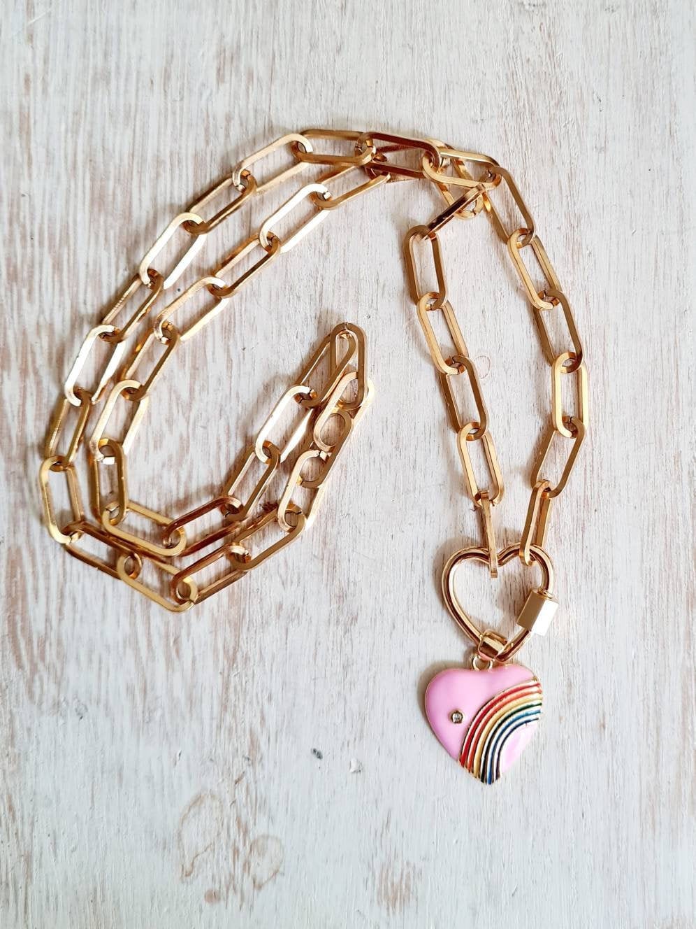 Gold Pink Paperclip Chain Necklace Enamel Heart Carabiner BOHOSEASON gold-pink-paperclip-chain-necklace-enamel-heart-carabiner-bohoseason
